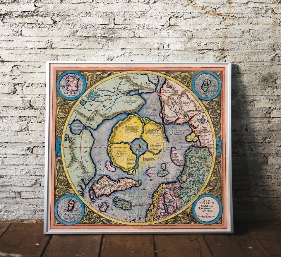 Mercator Famous 1595 Map Arctic North Pole Flat Earth Wall Art Poster ...