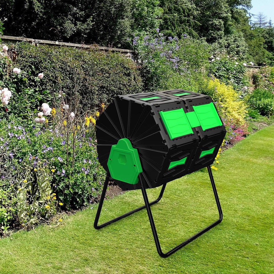 45 Gals Outdoor Compost Tumbler Bin Green Dual Chamber Large Composter ...