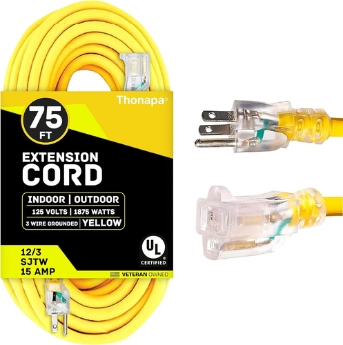 Lighted Outdoor Extension Cord 75 Ft - 12 Gauge 15 Amp Heavy Duty Power ...