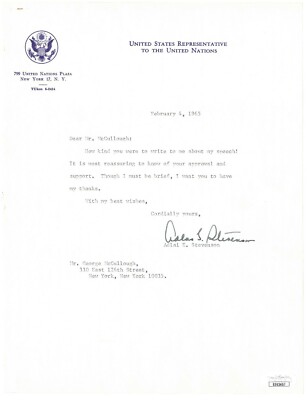 Adlai E. Stevenson signed U.S. Rep United Nations Letterhead (typed) 2 ...