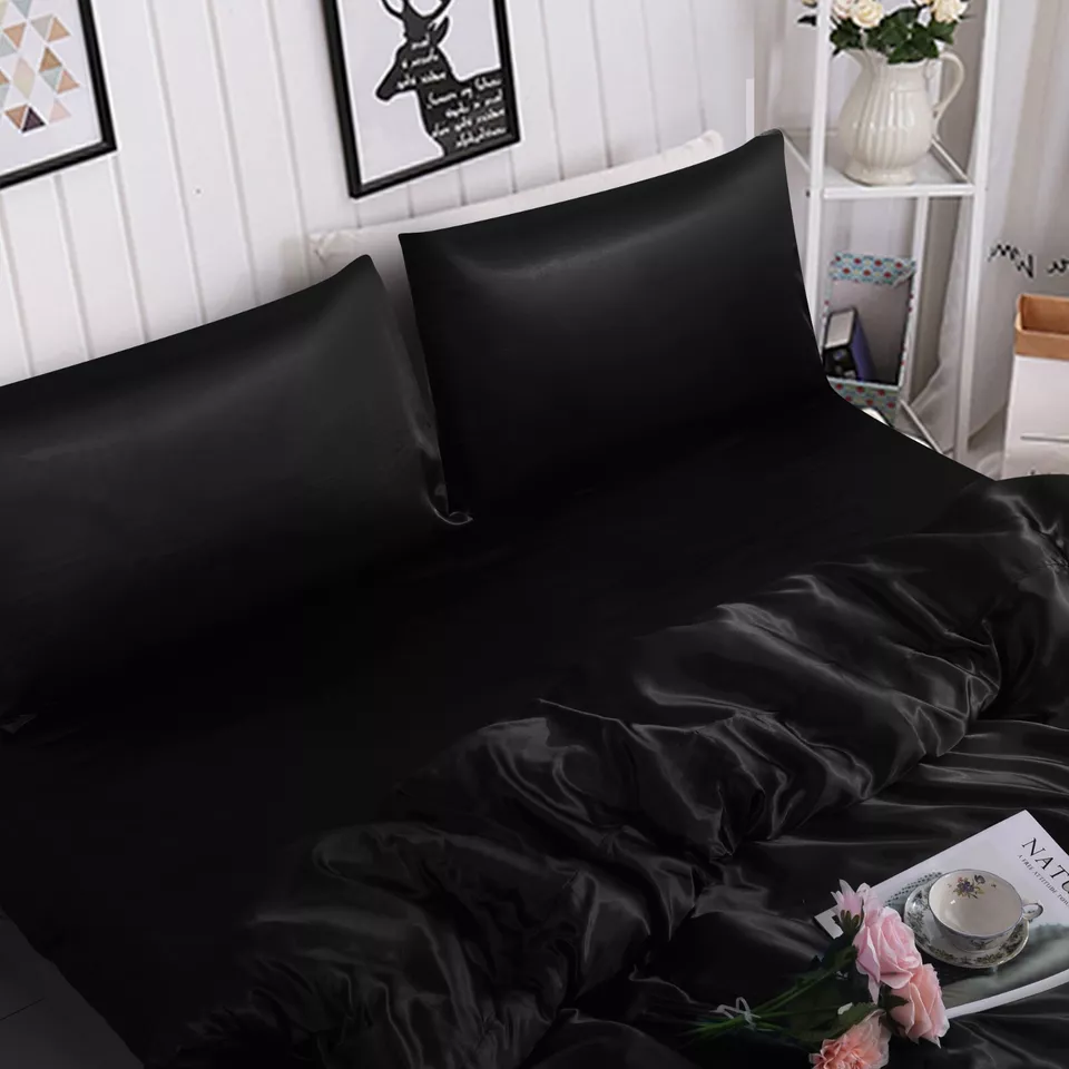 6 PCS SATIN SILK BEDDING SET DUVET COVER FITTED SHEET & 4 PILLOW CASES ...