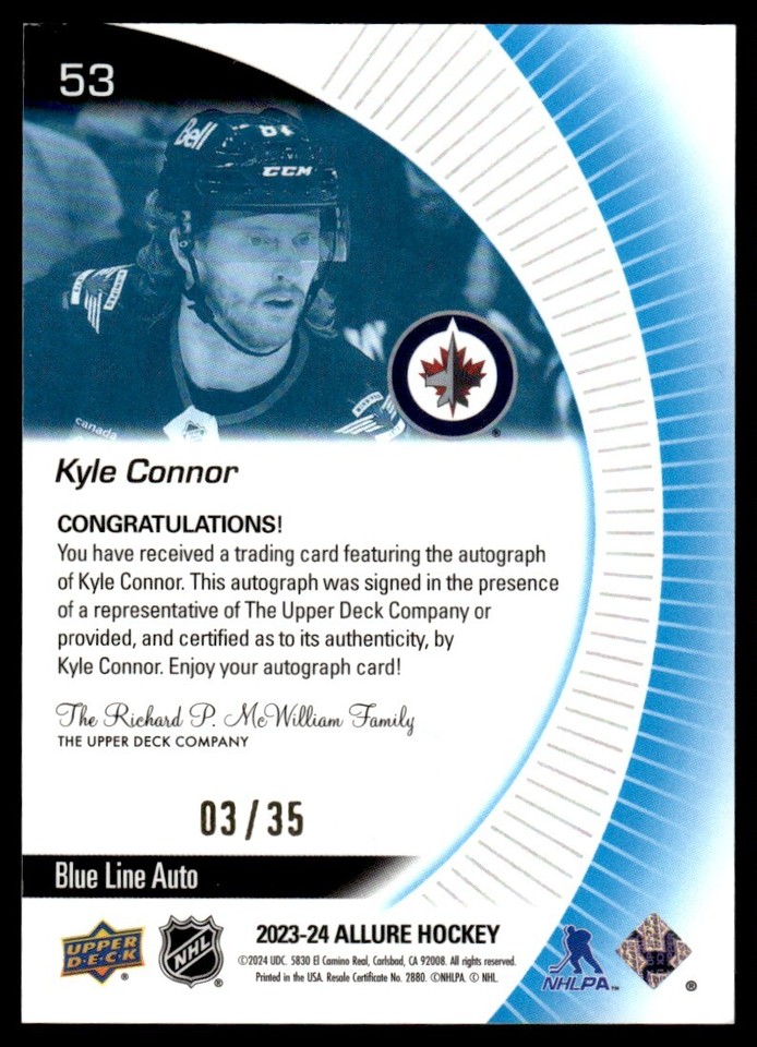 Kyle Connor 2023-24 Upper Deck Allure Blue Line - Auto #53 NHL Card 03/ ...