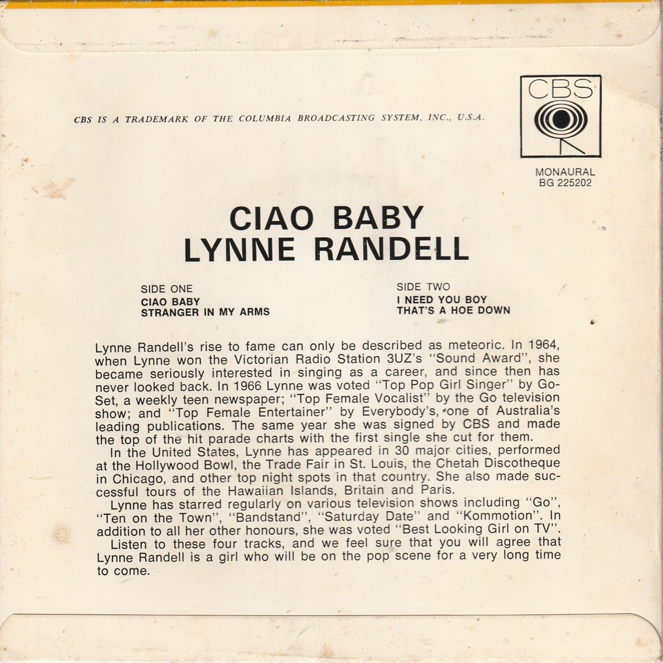 LYNNE RANDELL EP: COVER ONLY FOR CIAO BABY +3 AUSSIE CBS BG 225202 C ...