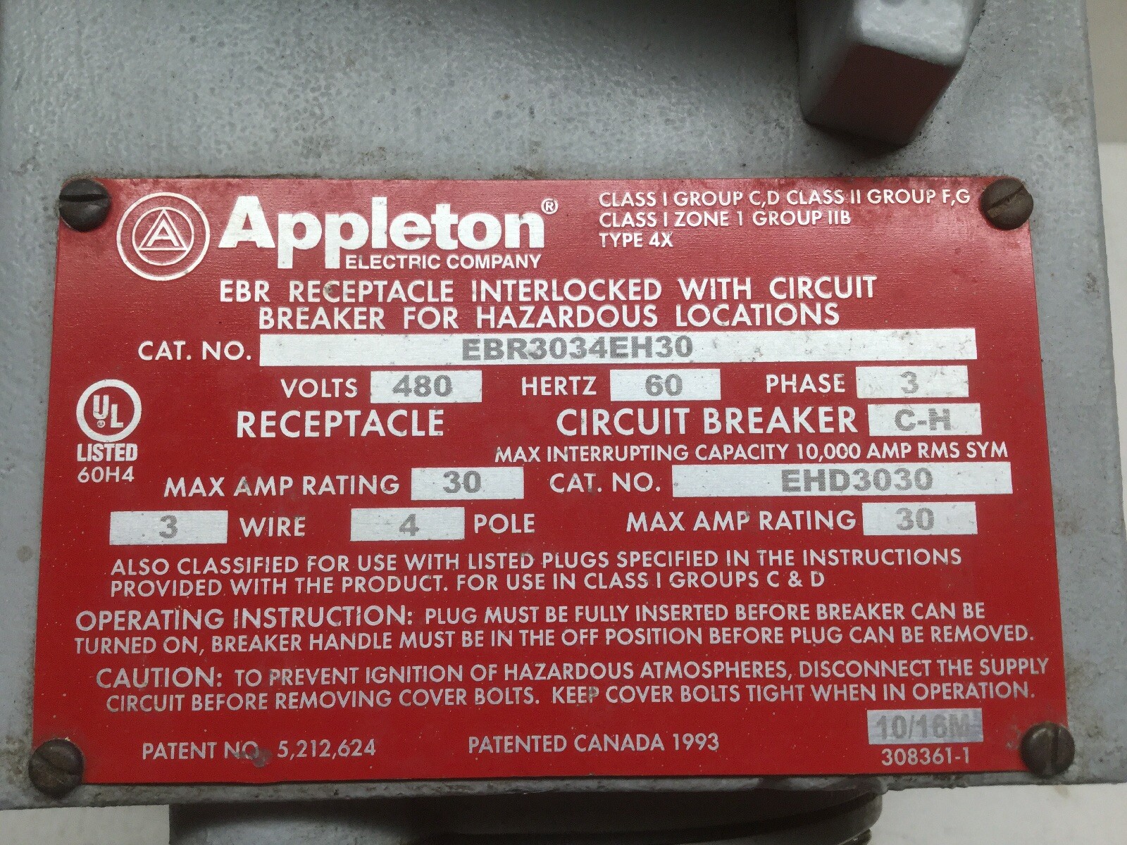 Appleton EBR3034EH30 EBR Receptacle W/Circuit Breaker 3 Phase 30 AMP ...