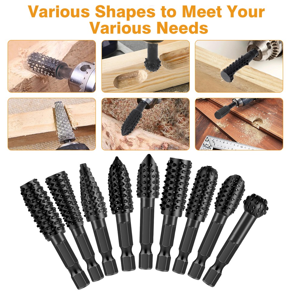 10Pcs 1/4in Shank Rotary Burr Rasp Set Carbon Steel Wood Carving File ...