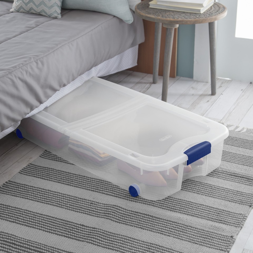 Sterilite 66 Quart Wheeled Latch Box, Clear Underbed Storage Bin with ...