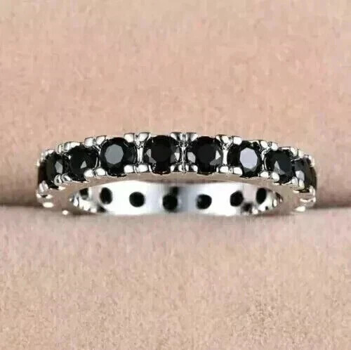 2Ct Round Cut Lab Created Black Diamond Women's Band Ring 14K White ...