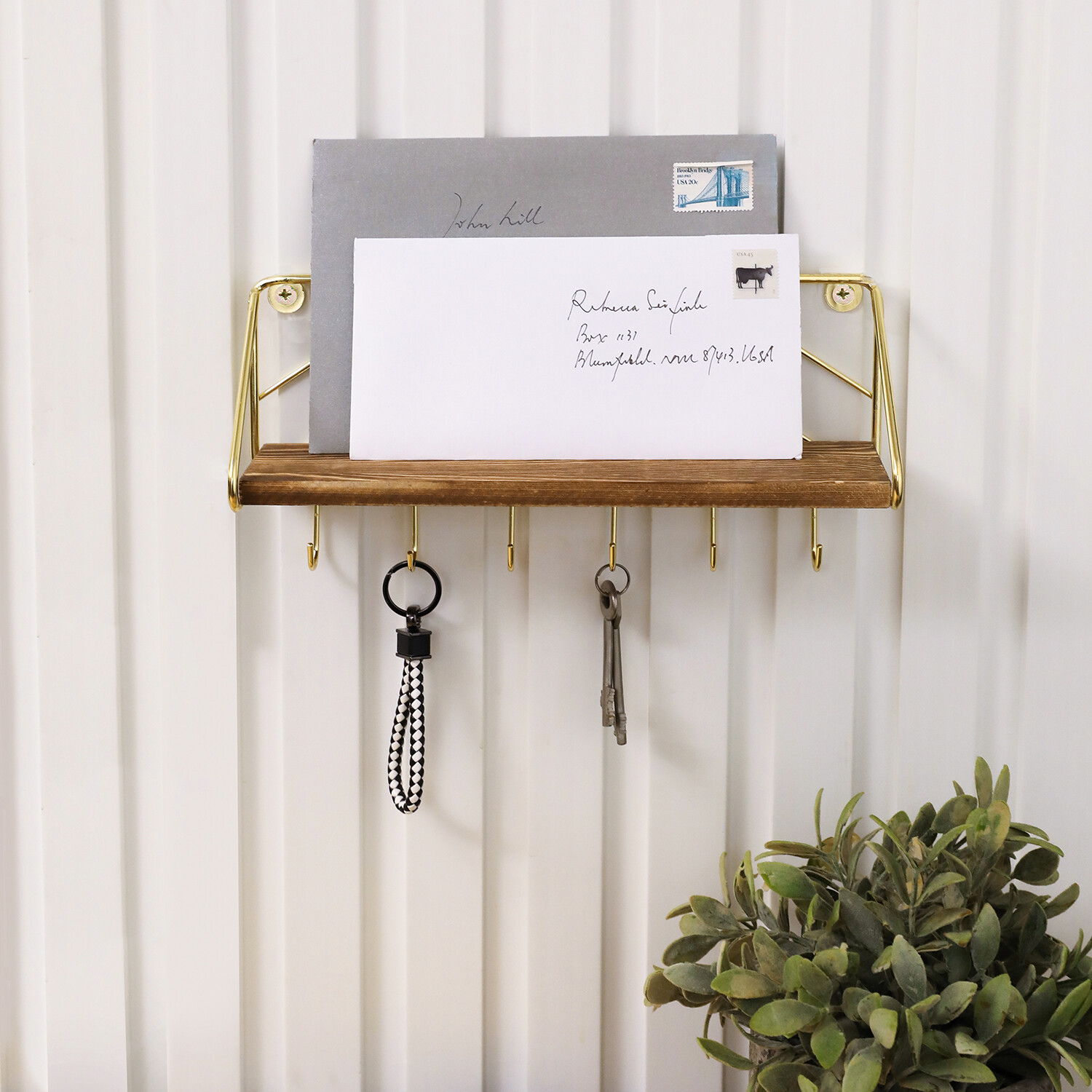 Modern Brass Metal & Burnt Wood Key Holder Rack w/ Hook & Floating ...