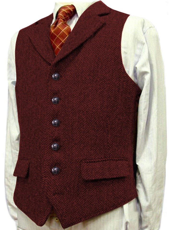 Mens Wool Vest Vintage Western Tweed Herringbone Formal Hunting Vests M ...