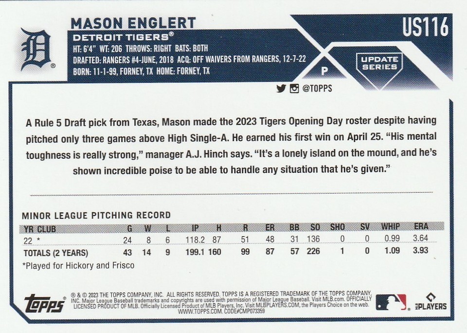 MASON ENGLERT 2023 Topps Update #US116 RC Black & Orange Foil MLB ...
