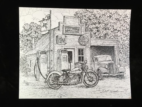 Robert Daugherty Ink/Pencil Sketched Print Mobil Gas Station Harley ...