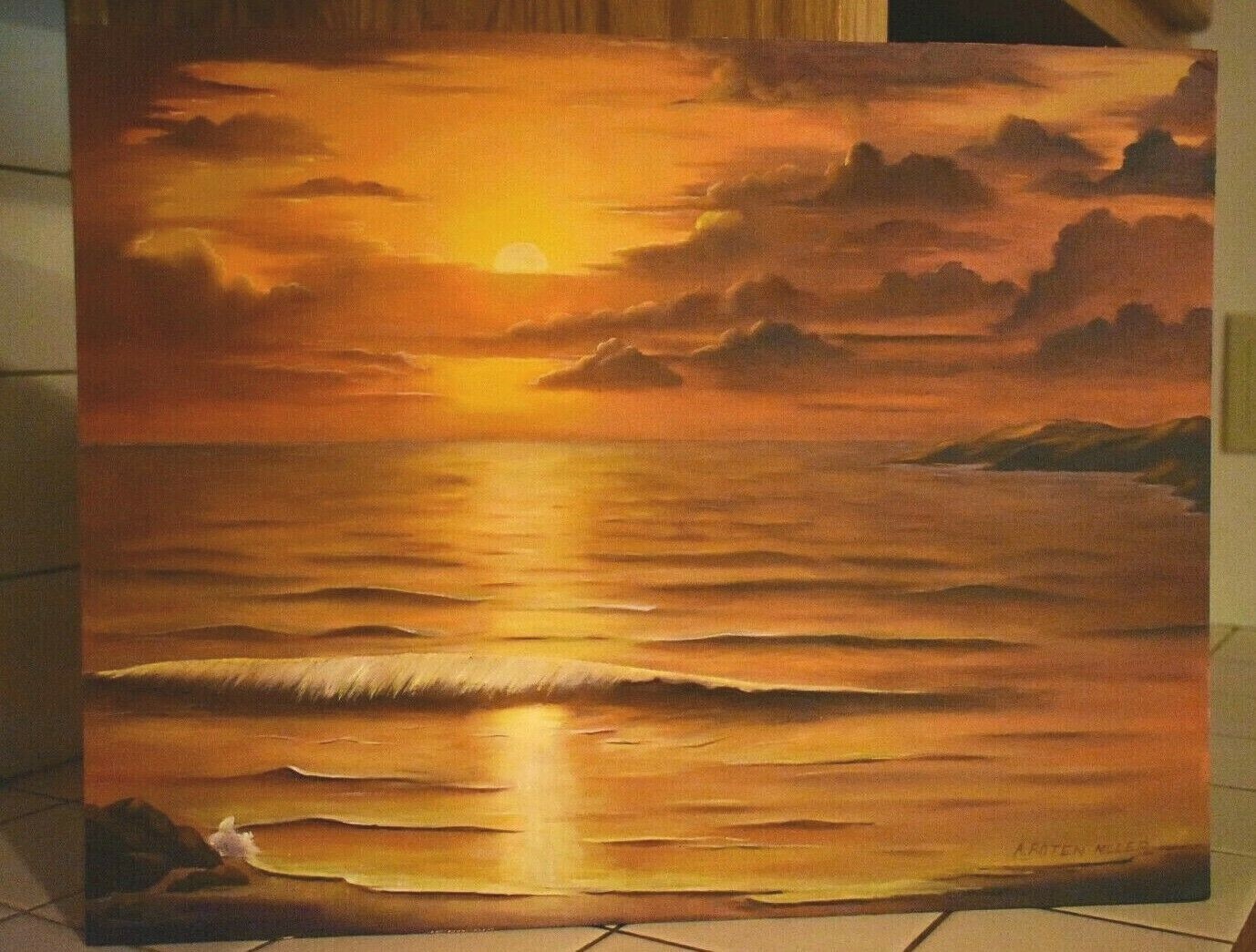 Sunset Oil Painting Original Artist Signed On The Golden Shore 18" x 14 ...
