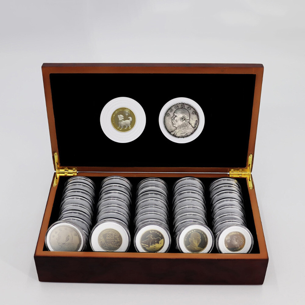 50PCS 46MM Coin Capsules Storage Box w/ Wooden Case Holder Collection ...