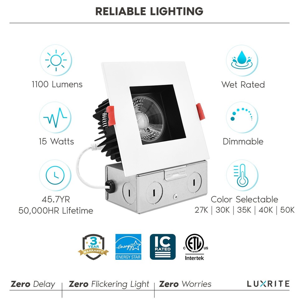 Luxrite 4 Inch Square LED Recessed Light 15W 5 CCT 1100 Lumens White ...