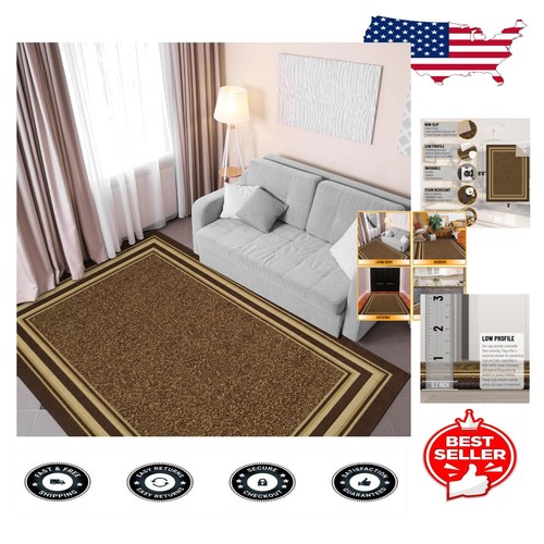 Durable 5' x 6'6" Indoor Area Rug - Bordered Brown with Non-Slip Backing | eBay