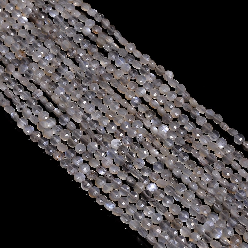 Natural Grey Moonstone Gemstone Coin Shape Faceted Beads 4X4 mm Strand ...