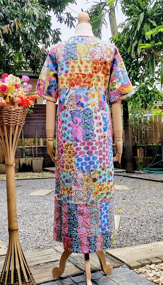 Handmade Boho A-Line Dress, V-Neck Button Front, Patchwork Cotton by Thai Women | eBay