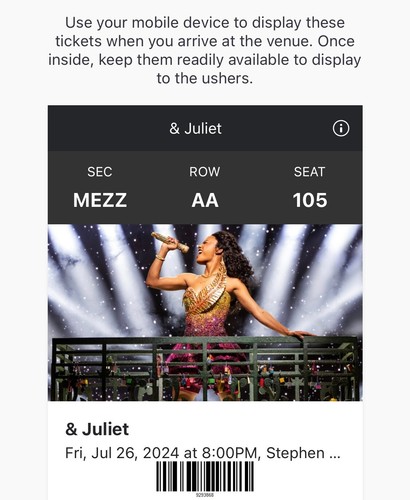Broadway Tickets - & Juliet Front Row Center Mezzanine - Friday 7/26 ...