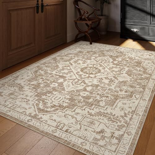 5x7 Washable Area Rugs, Non Slip Vintage Neutral Living Room 5'x7' Dark ...
