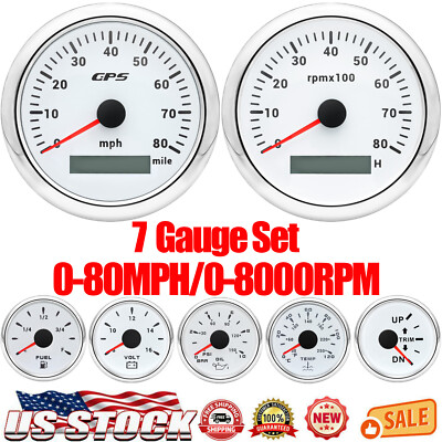 7 Gauge Set 85mm GPS Speedometer 80MPH Tacho 8000RPM | White | Chromed ...