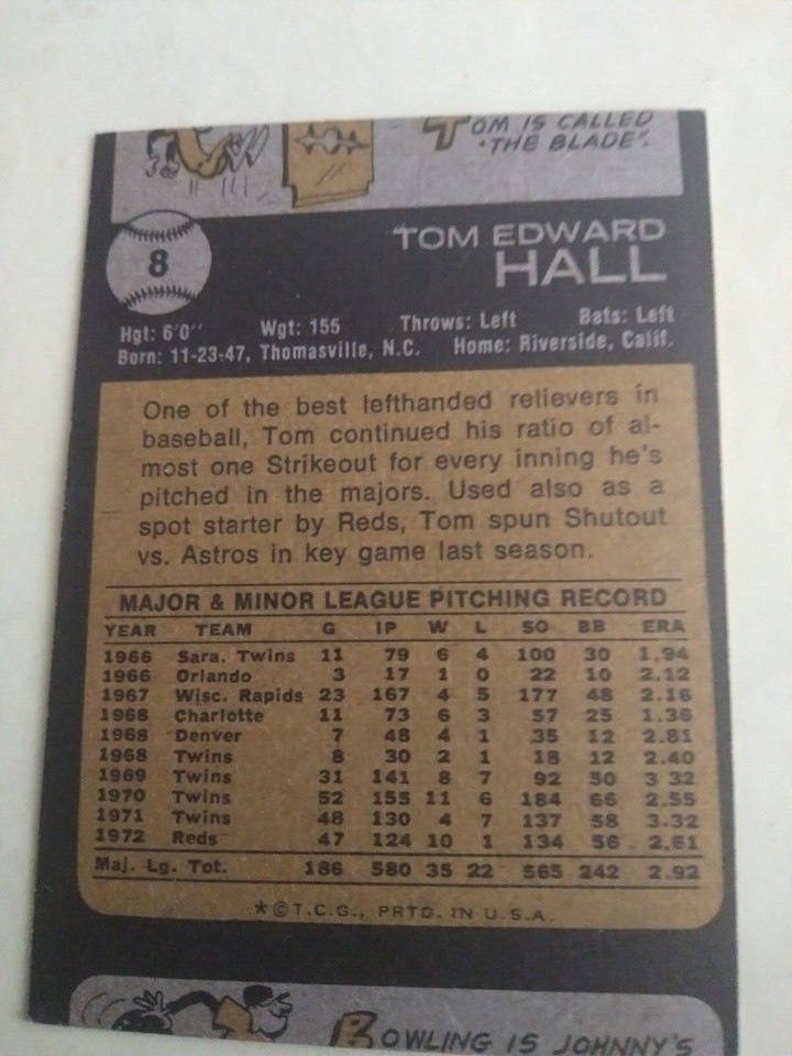 1973 Tom Hall Baseball Card - Cincinnati Reds - Error Card - Miscut ...