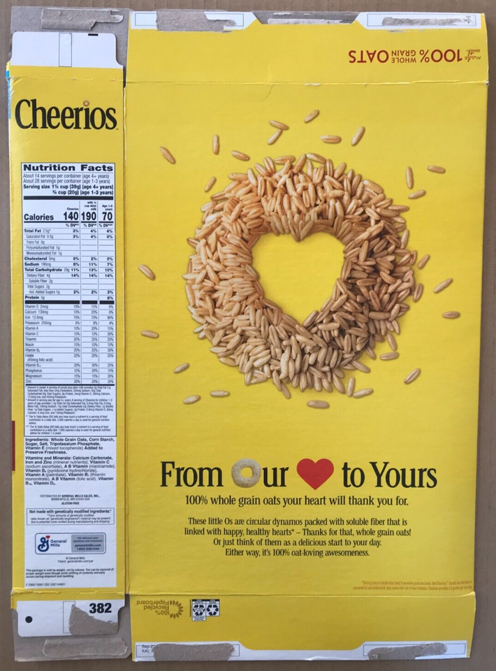 EMPTY General Mills Cheerios Giant Size Cereal Box Lower Cholesterol ...