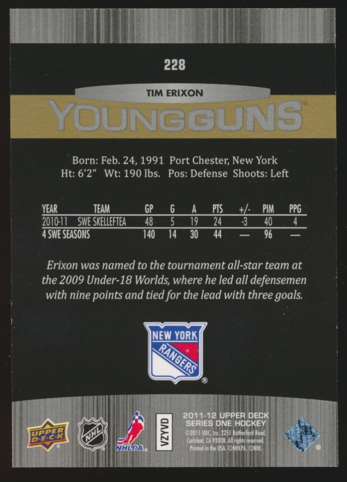 TIM ERIXON 2011-12 Upper Deck UD EXCLUSIVES SPECTRUM YOUNG GUNS RC 8/10 ...