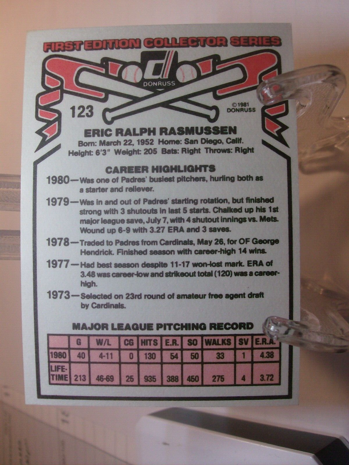 1981 Donruss Baseball Card #123 - Eric Rasmussen - San Diego Padres ...