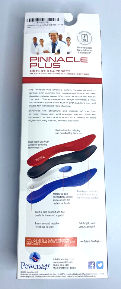 Powerstep Pinnacle Plus Metatarsal Pad Comfort Insole Size K, Men's 14 ...