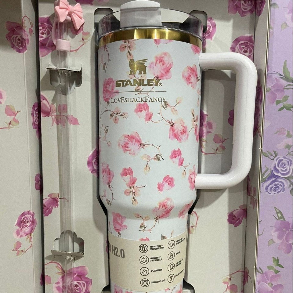 Stanley x LoveShackFancy Quencher H2.0 FlowState Tumbler 40 oz – Ribbon Rose 🌹 | eBay