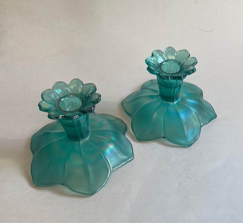 STUNNING and RARE! Fenton Steigel Green Stretch Glass Candlestick ...