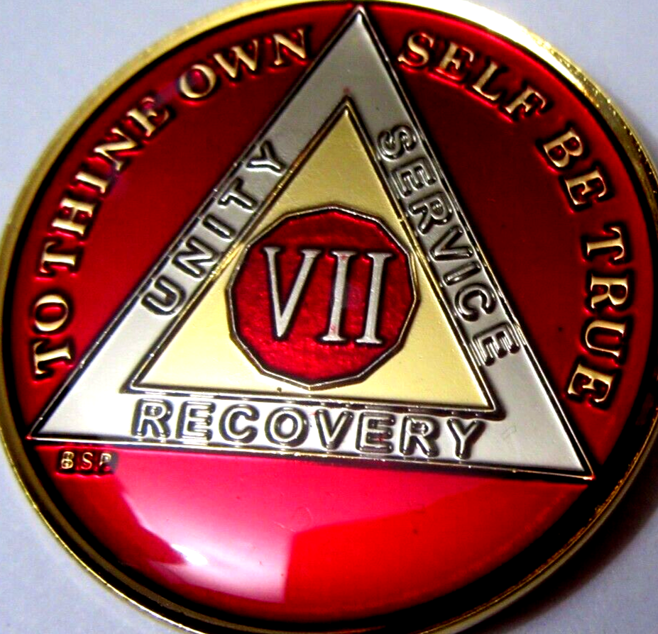 Red Alcoholics Anonymous 7 Year AA Medallion Coin Token Chip Sobriety ...