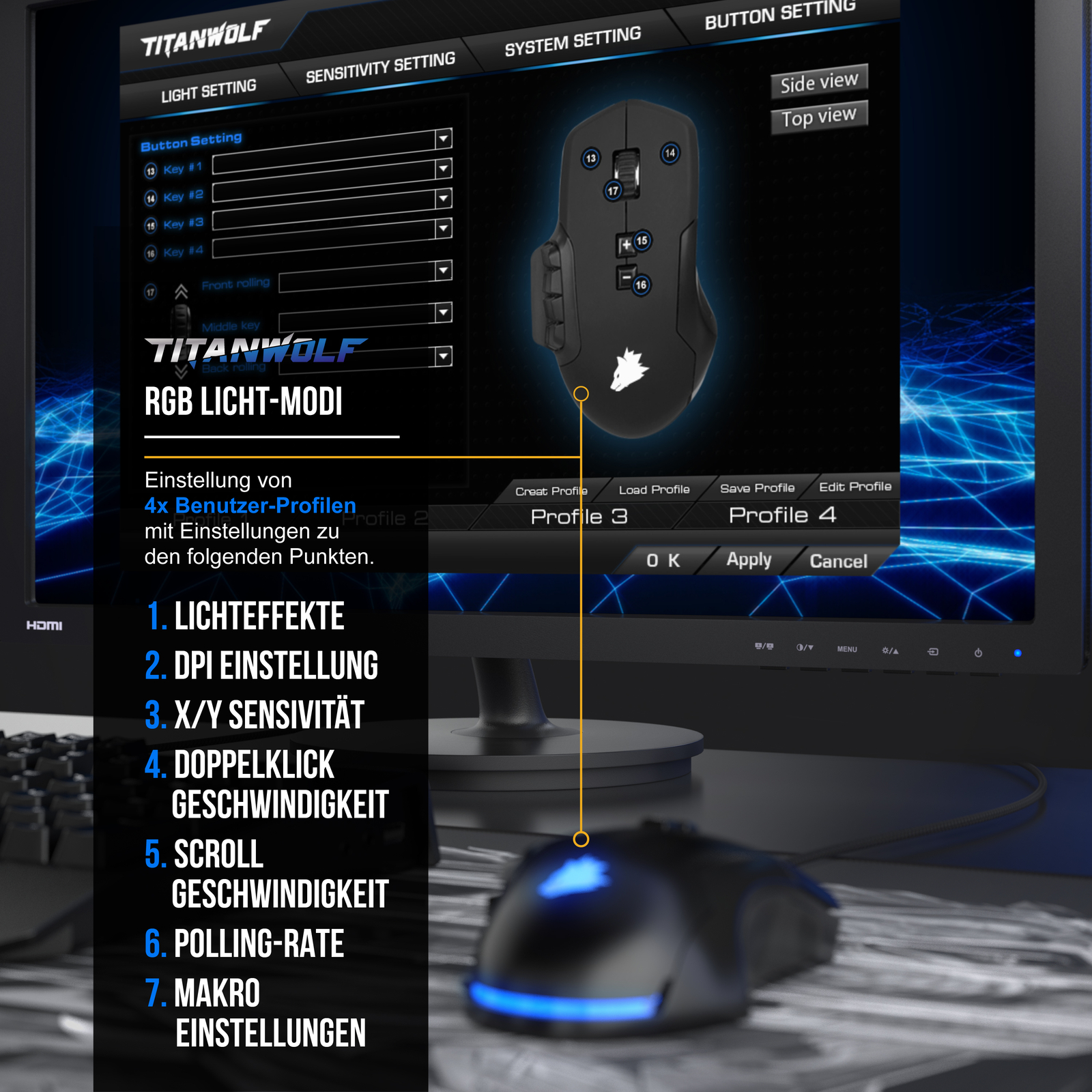 Titanwolf SYSTEM High-End Gaming Maus 6 DPI-Stufen Gewichts ...