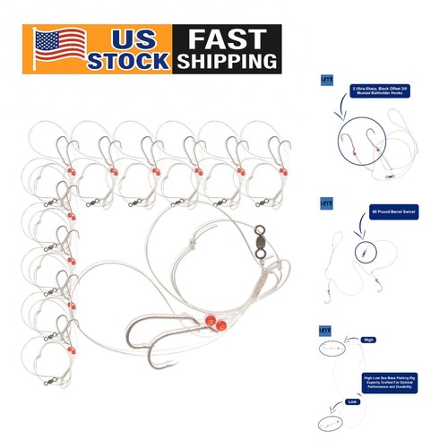10-Pack Hi-Lo Fishing Rigs for Sea Bass - Heavy-Duty 3/0 Hooks & Mono ...
