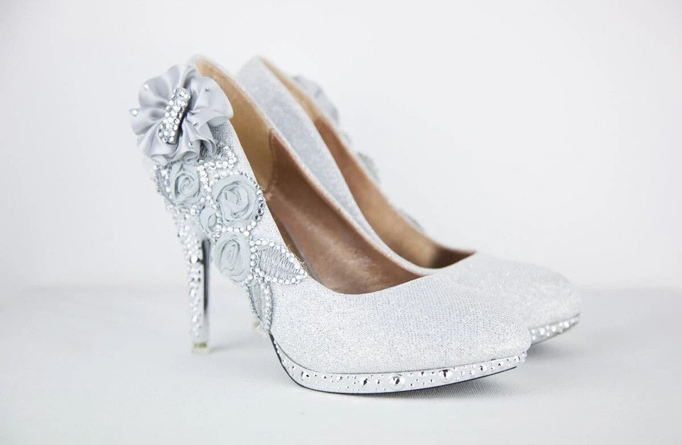 Woman's Crystal Gem Shoe 4" Heel Floral Bridal Wedding Shoes UK Size 1 ...