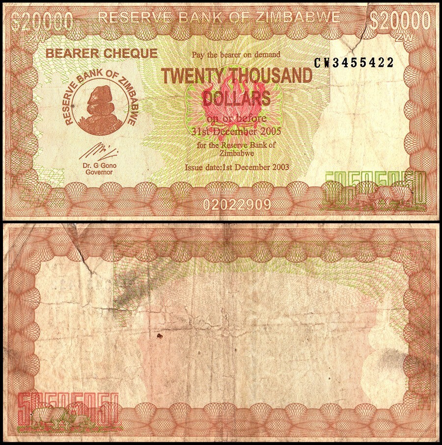 Zimbabwe 20000 Dollars Bearer Cheque, 2003, P-23, Damaged X 100 PCS ...