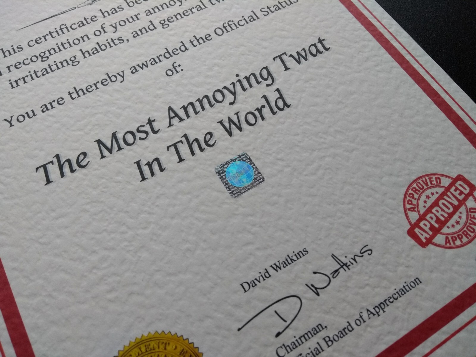Most Annoying Twat In The World Certificate Confirmation Award Rude ...