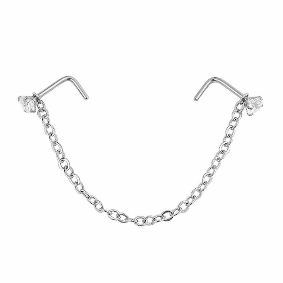 Double Nose Chain Nose Piercing Ring StainlessSteel Love Heart Chain ...
