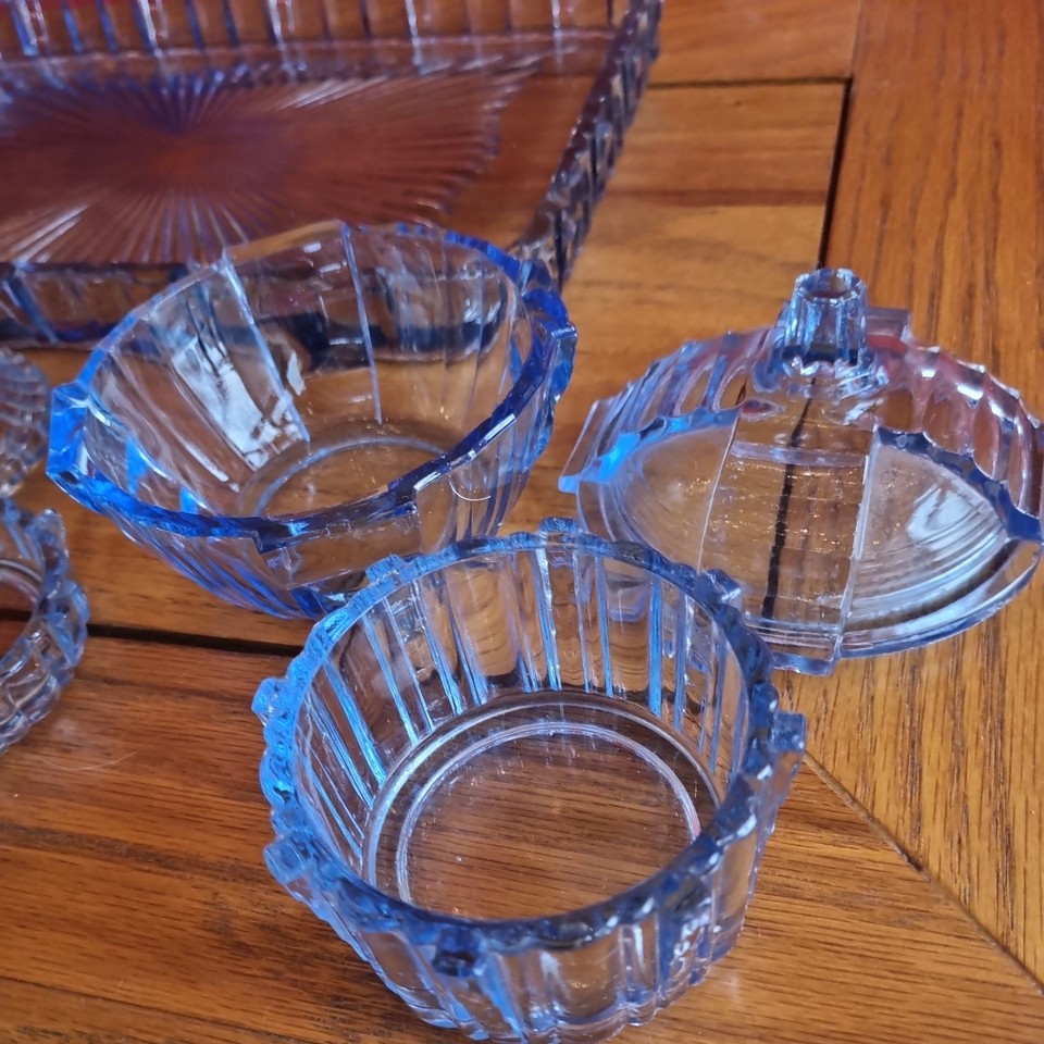Vintage Art Deco Glass Dressing Table Vanity Set Blue Glass Pre-owned ...