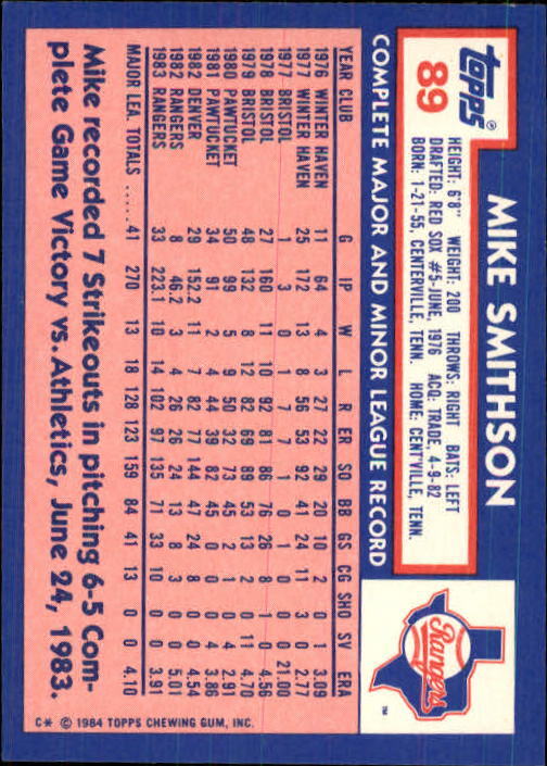 1984 (RANGERS) Topps Tiffany #89 Mike Smithson | eBay