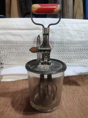 Vtg A & J Hand Beater w/Clear Glass 4-Cup Bowl Hazel Atlas (Egg ...