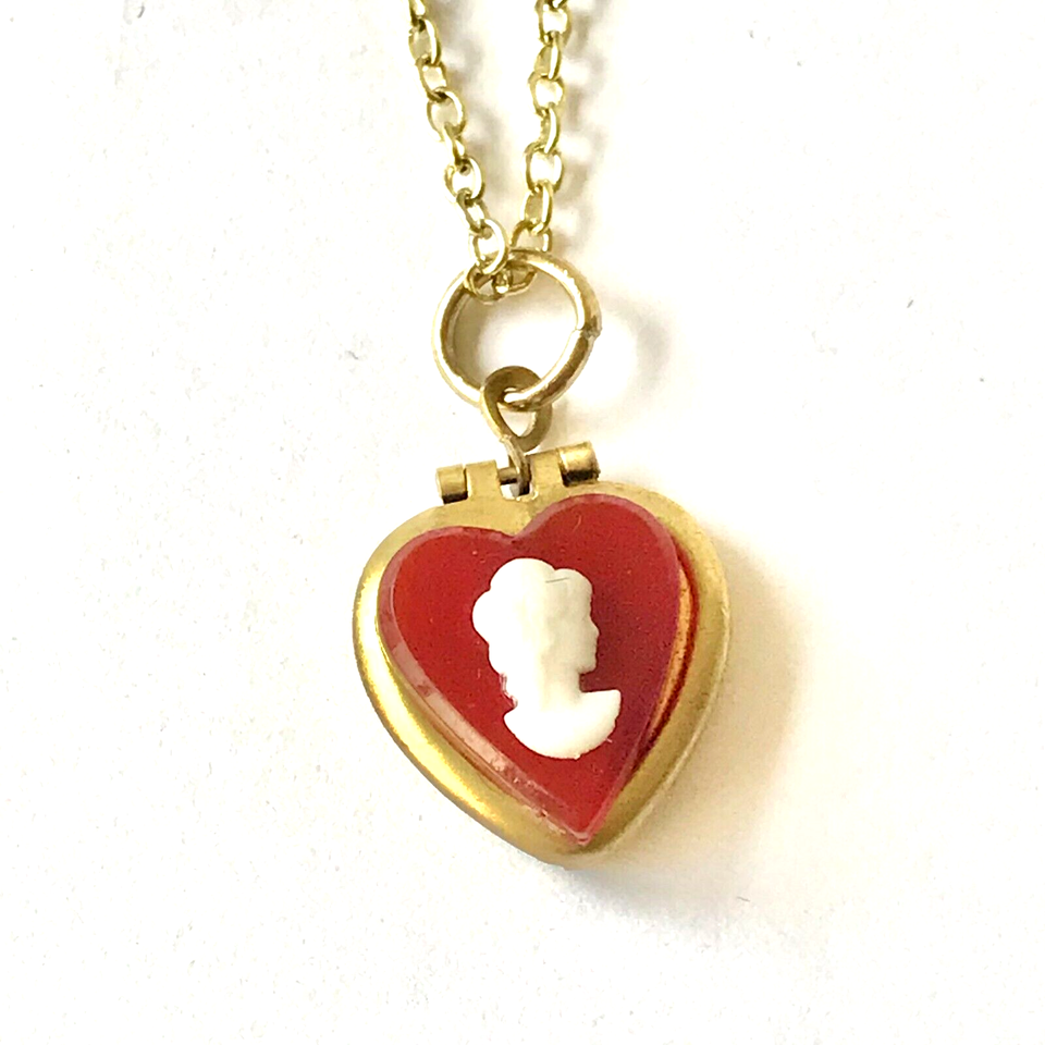 Vintage Cameo Heart Locket Necklace Gold Plated Coral Red Dainty Small ...