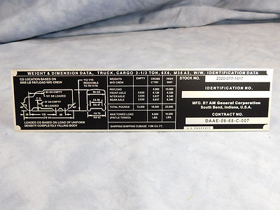 M35A2 DATA PLATE **AM GENERAL M35A2 W/W** WIEGHT AND DIMENSION DATA ...