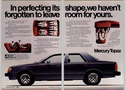 1985 Car Print Ad Black Mercury Topaz 4 Door Sedan Magazine ...
