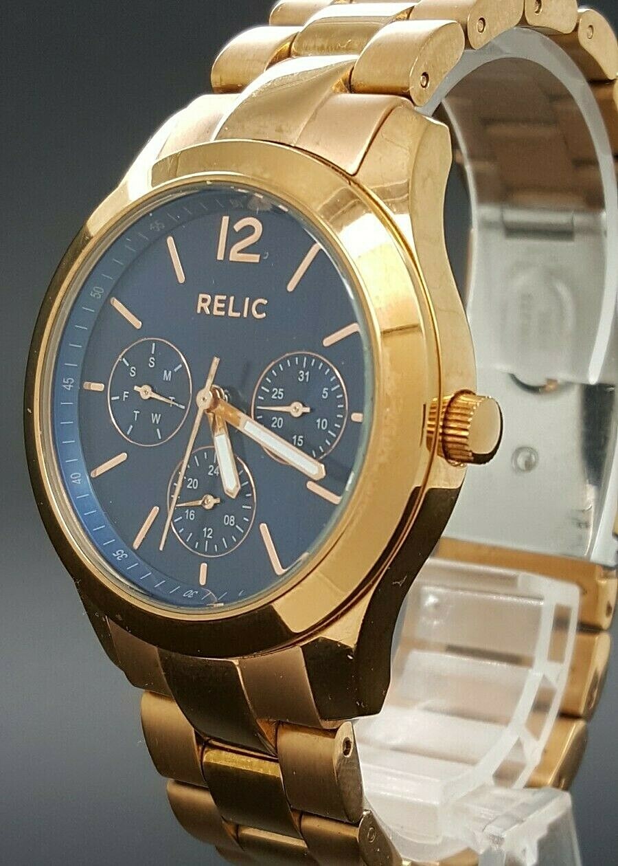 Relic Rose Gold Tone Blue Dial Day-Date ZR15656 3ATM Quartz Wrist Watch ...