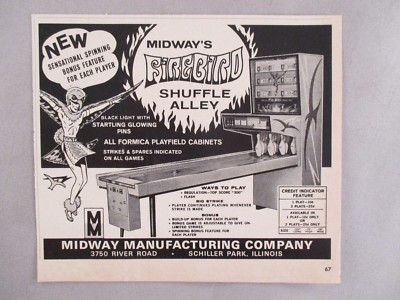 Firebird Shuffle Alley PRINT AD - 1967 ~~ puck bowling arcade game ...