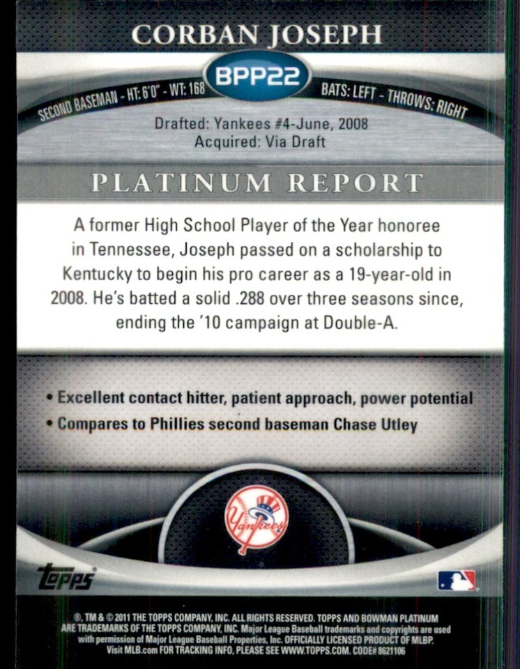 2011 Bowman Platinum Prospects Corban Joseph New York Yankees #BPP22 | eBay