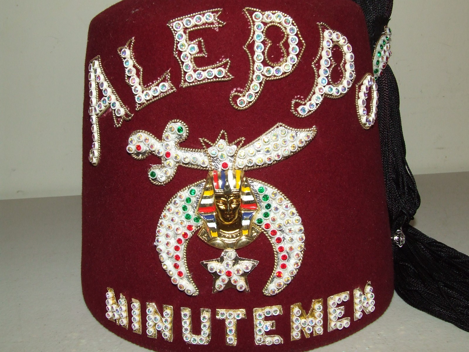Vintage Shriners Aleppo Minutemen Jewelled Fez Hat & Tie with Case -D ...