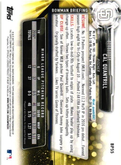 2017 BOWMAN PROSPECTS RC CAL QUANTRILL BASEBALL CARD #BP55 | eBay