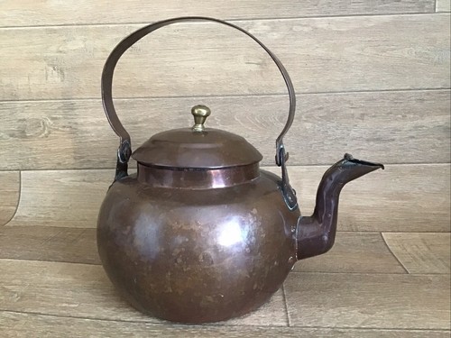 ANTIQUE DUTCH COPPER BRASS KITCHEN OVAL STOVE TEA POT KETTLE WITH SPOUT ...